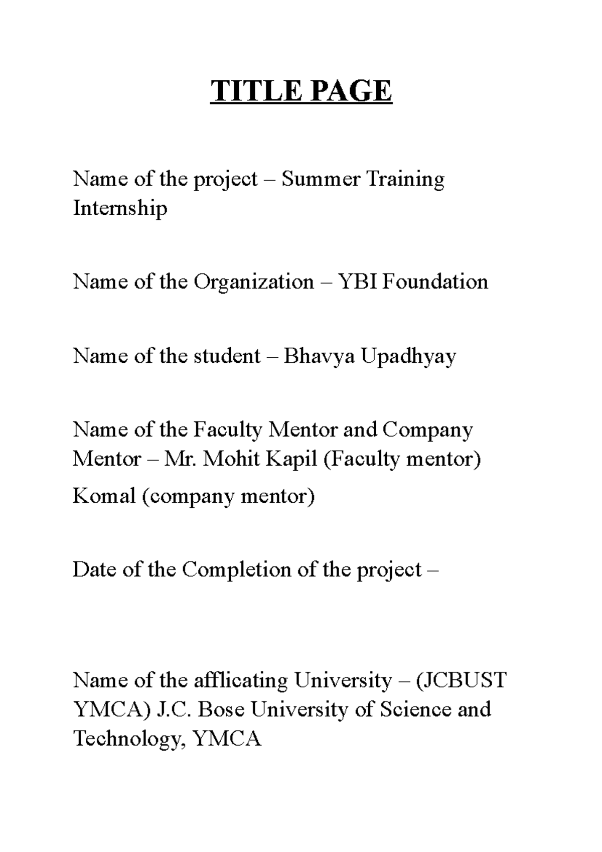 Internship - Copy - gncf - TITLE PAGE Name of the project – Summer ...