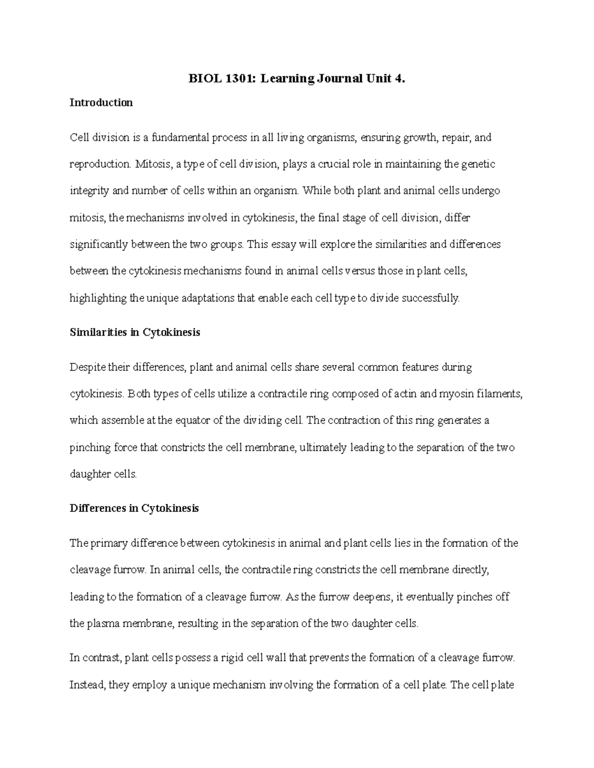 BIOL 1301 - Learning Journal Unit 4 - Introduction Cell division is a ...