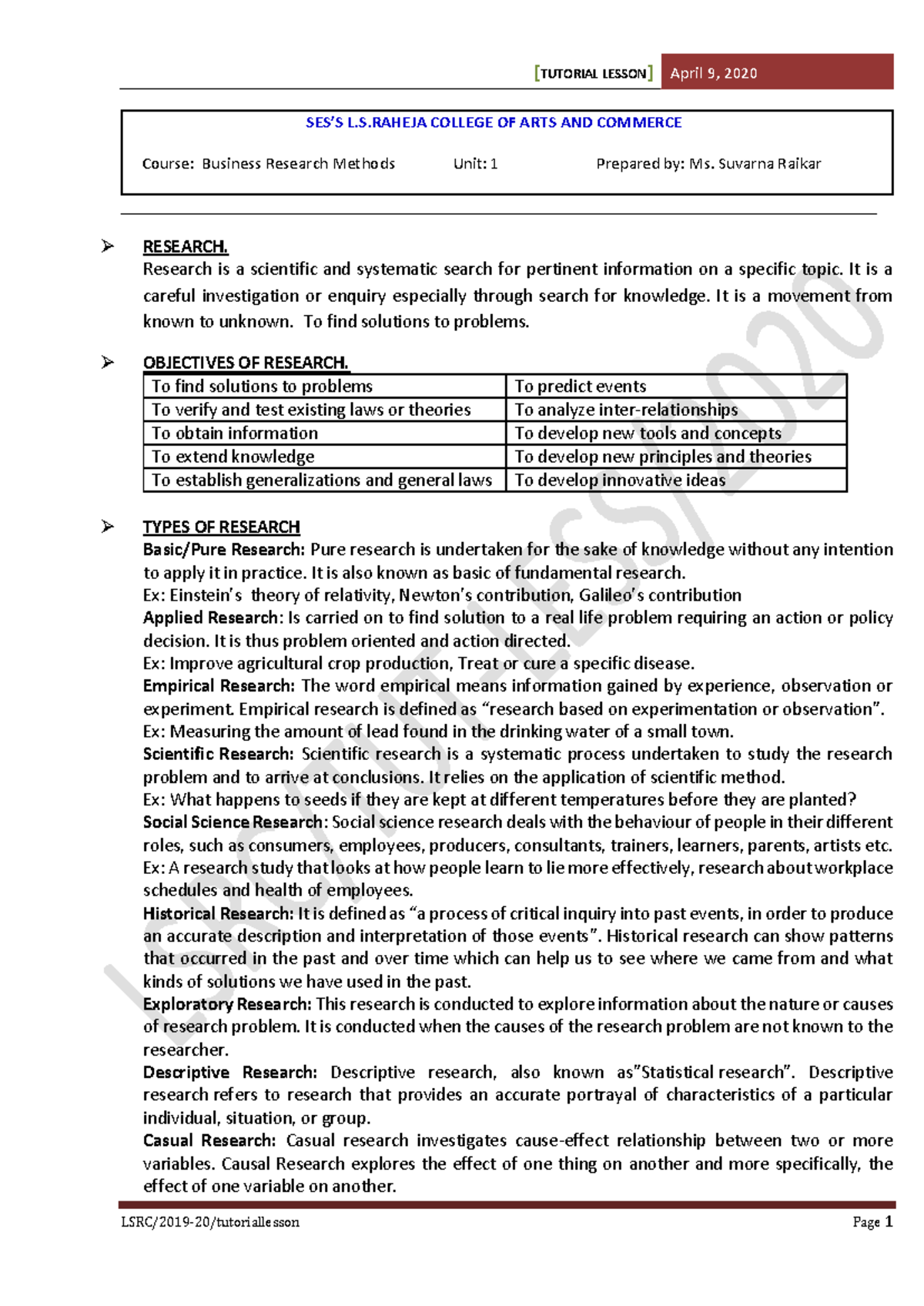 Business Research Methods Unit I II III IV - SES’S L.S COLLEGE OF ARTS ...