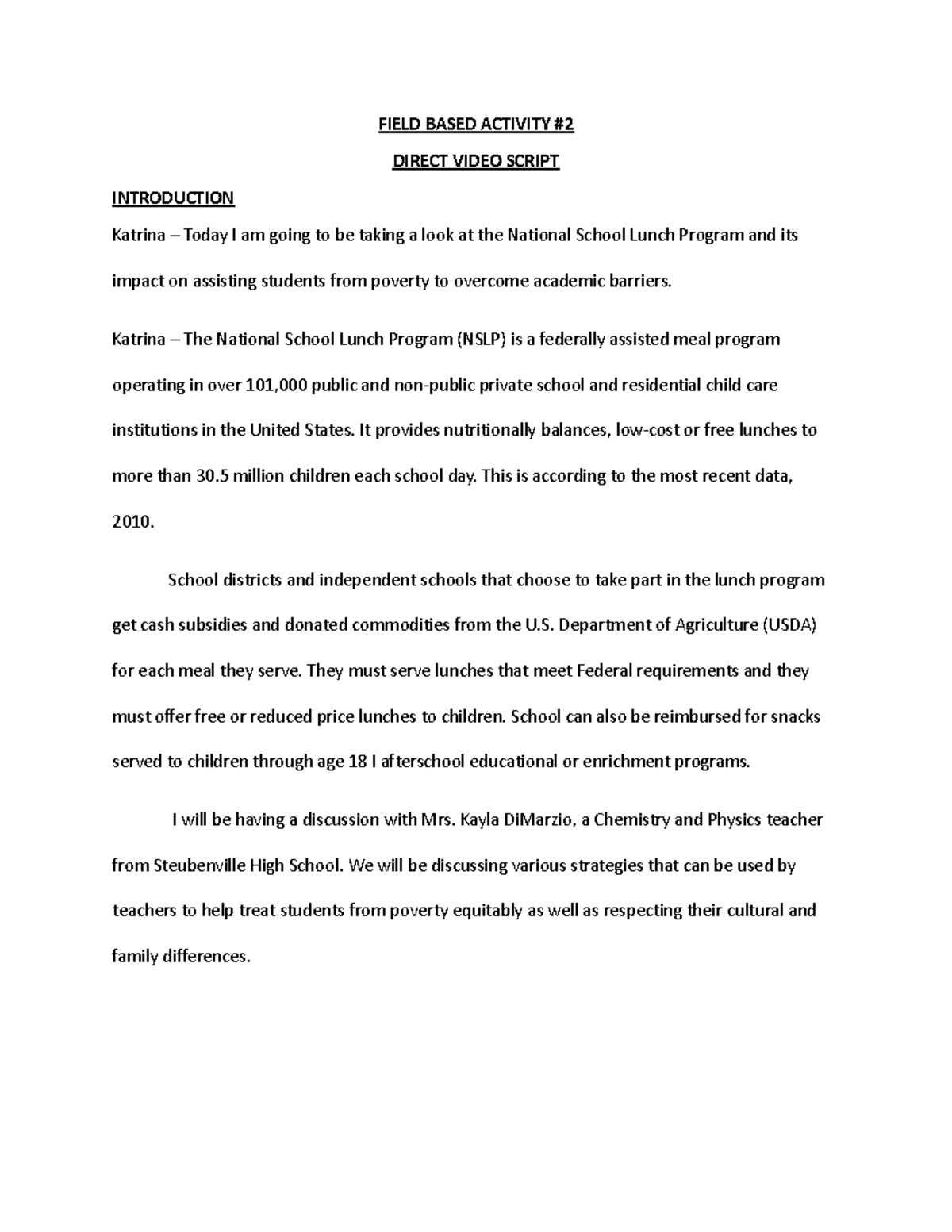 FBA 2 - field activity - FIELD BASED ACTIVITY DIRECT VIDEO SCRIPT ...