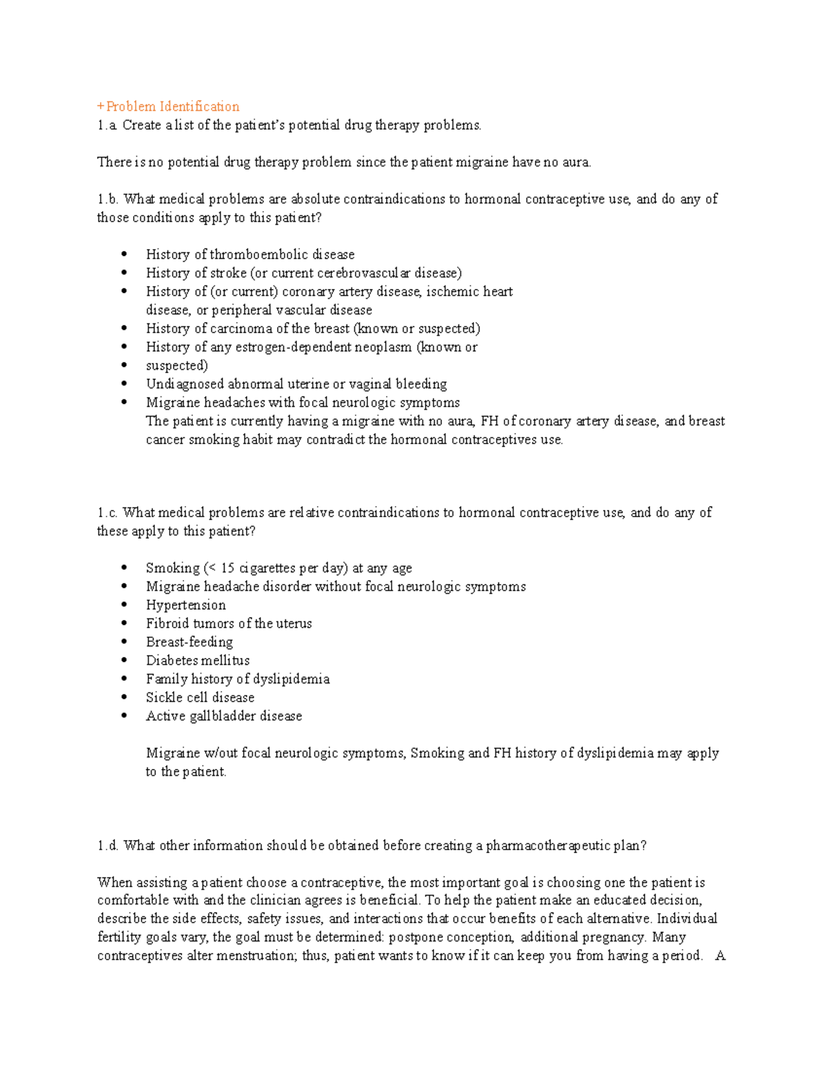 Contraception - Little notes - +Problem Identification Create a list of ...