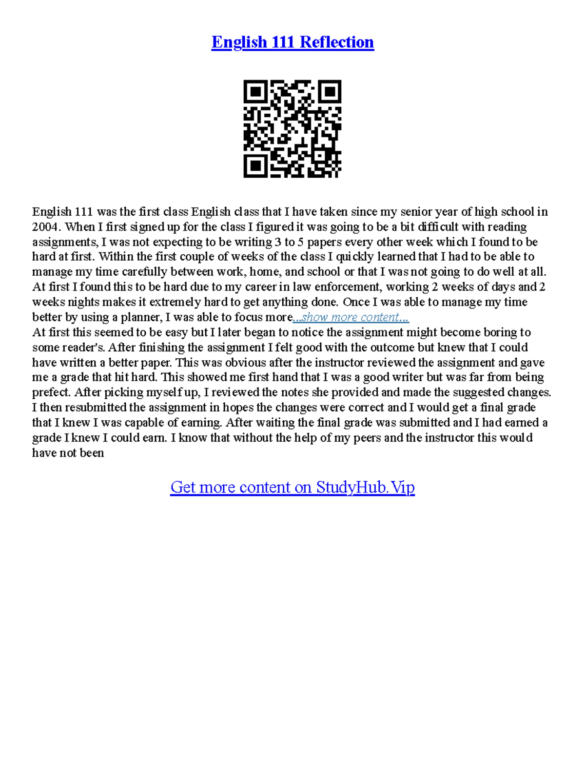 Class Evaluation Essay - English 111 Reflection English 111 was the first class English class ...