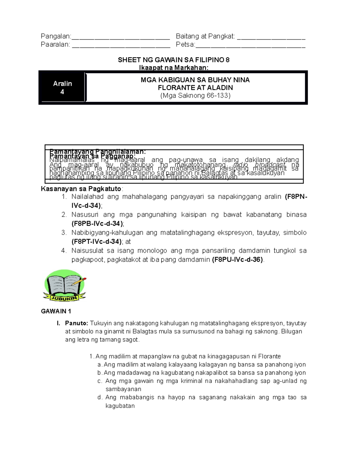 Learning Activity Sheet Filipino 8 WEEK 3-4 - Pangalan ...