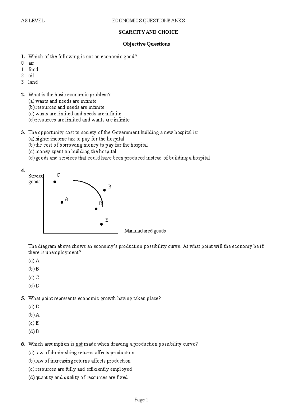 01 Scarcity and Choice - AS LEVEL ECONOMICS QUESTIONBANKS SCARCITY AND ...