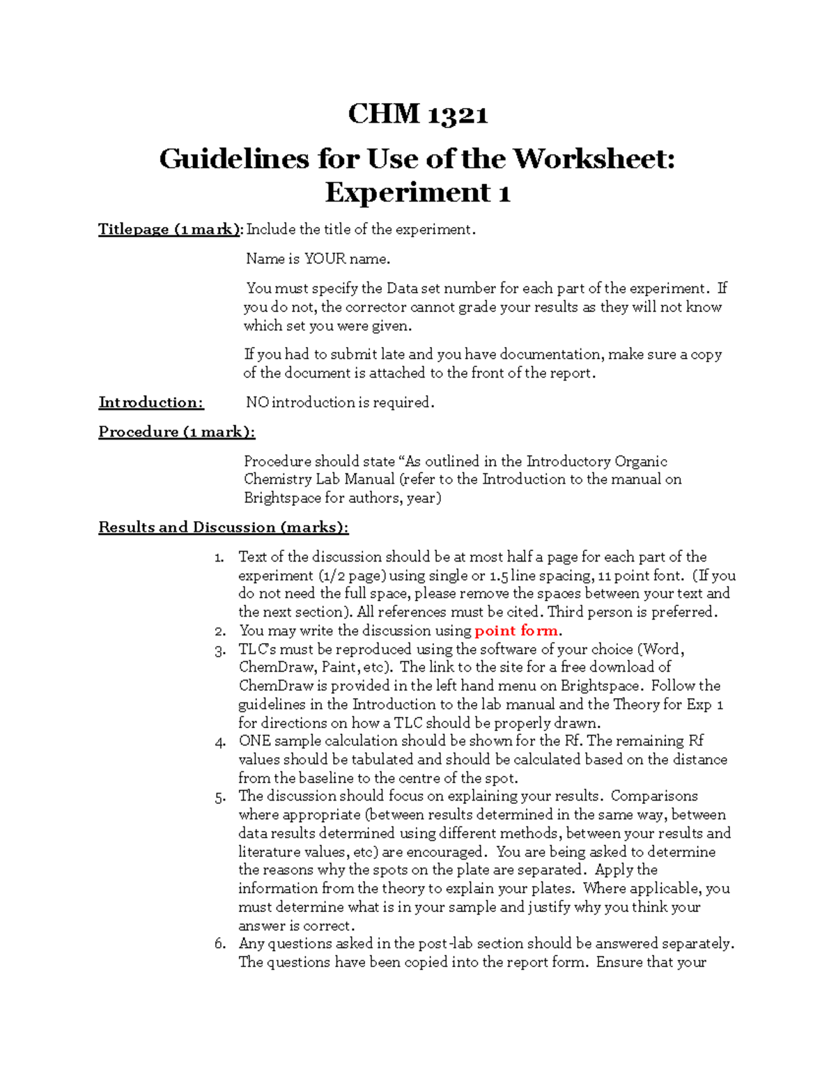 Guideline for Exp 1 Worksheet 132121 - CHM 1321 Guidelines for Use of ...