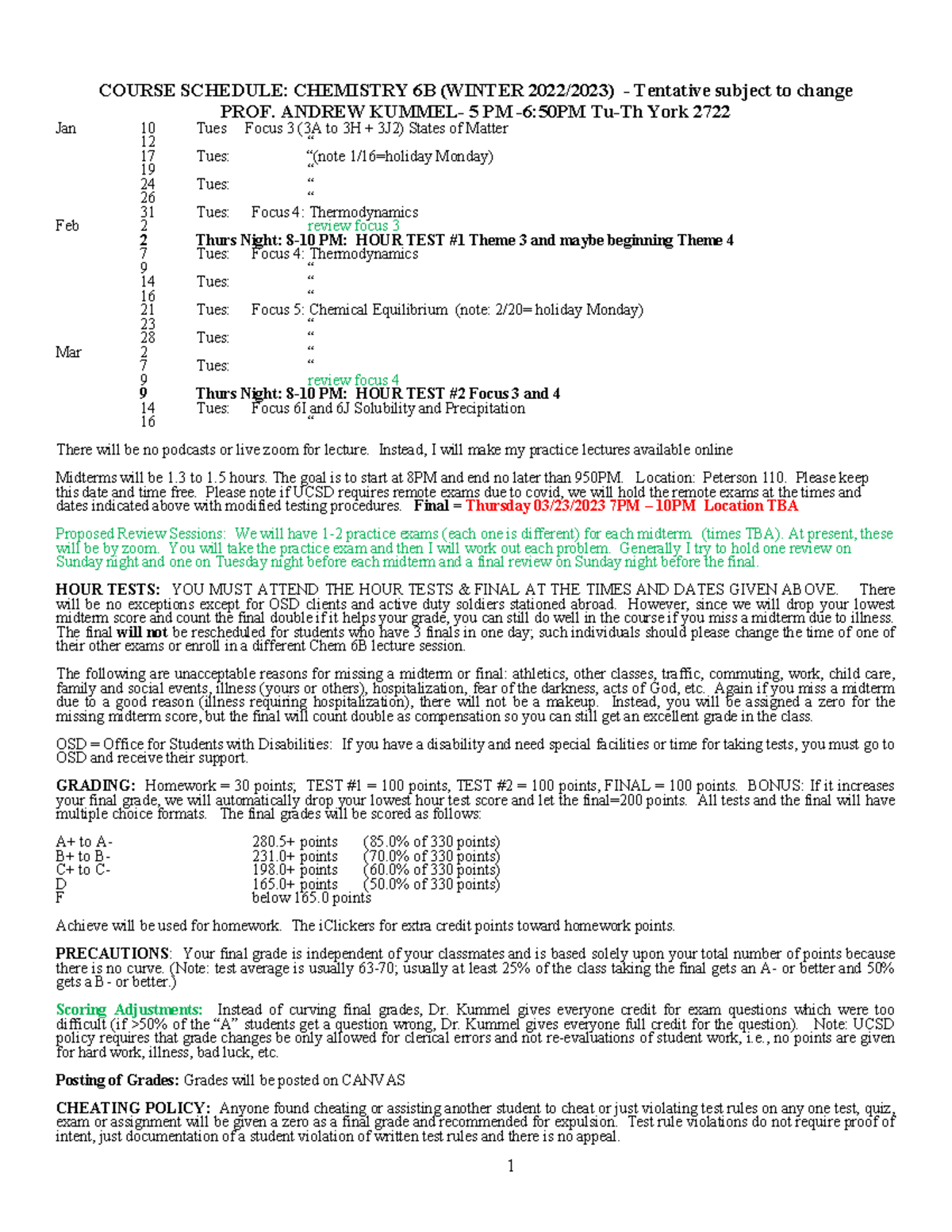 Syl+chem+239+2022++1-3-2023+draft - COURSE SCHEDULE: CHEMISTRY 6B ...