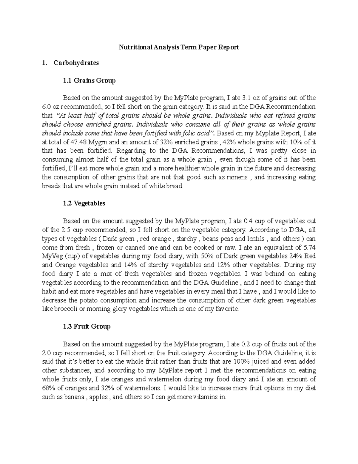 Bio analysis report - Nutritional Analysis Term Paper Report ...