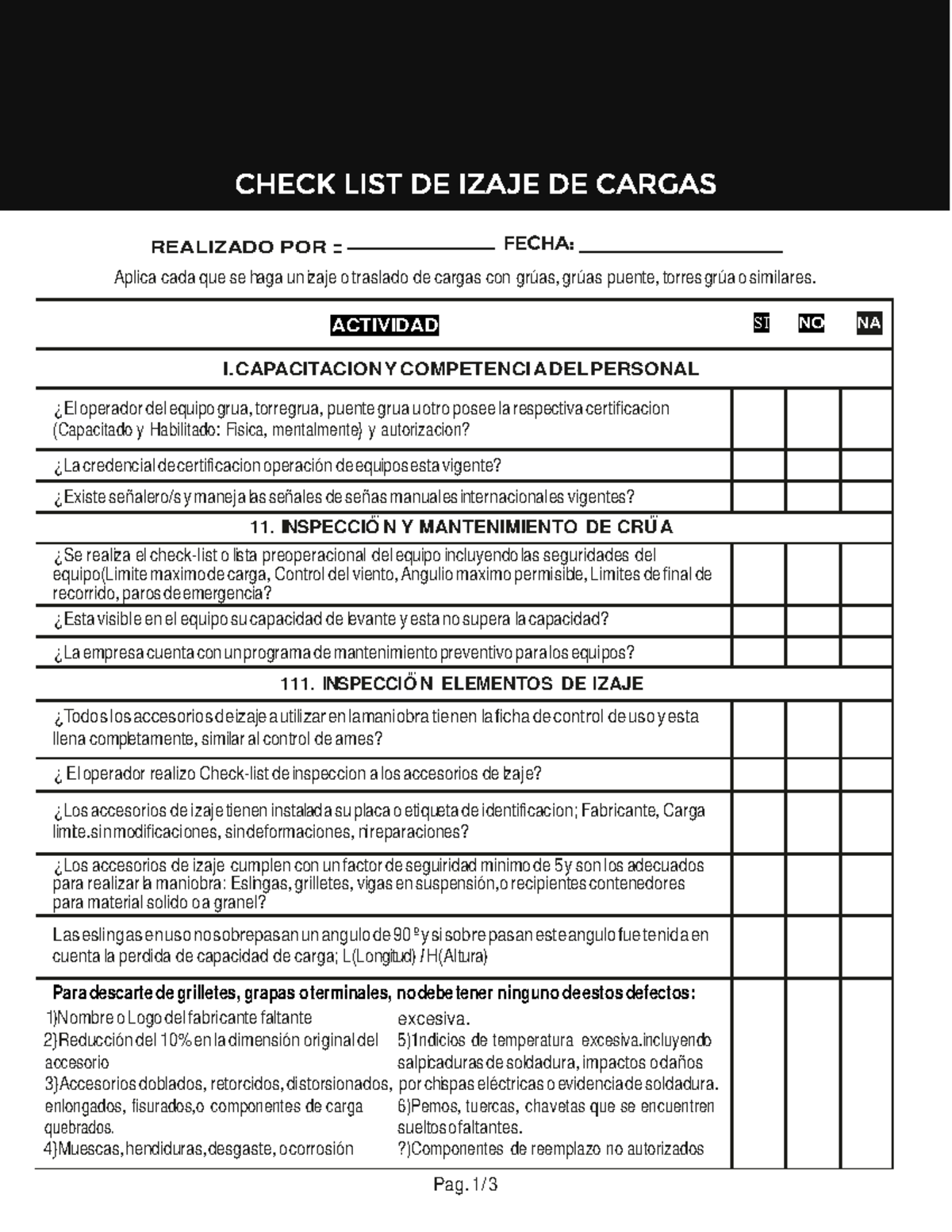 Check list izaje de cargas - Pag. 1 / 3 REALIZADO POR:- Aplica cada que ...