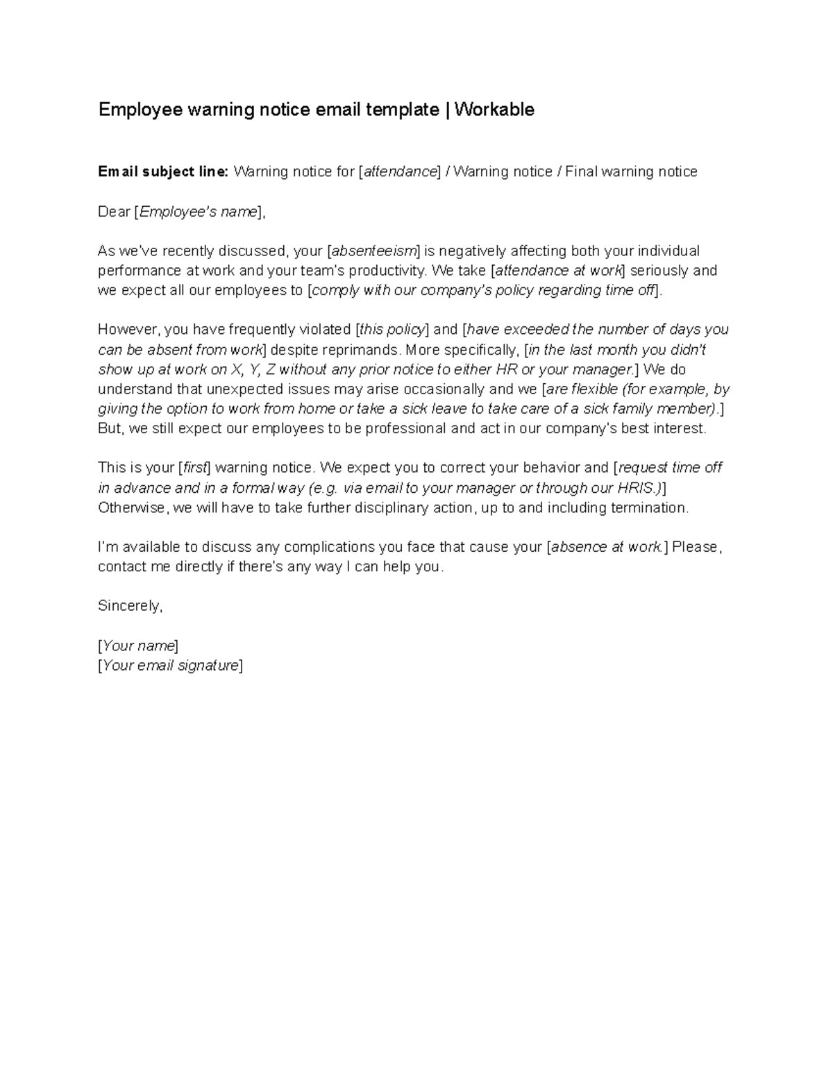 Employee warning notice email template - We take [attendance at work ...