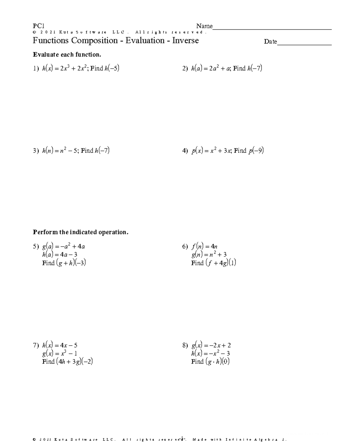 Functions Composition - Evaluation - Inverse - ©n f 2 Q 0 z 2 j 1 ...