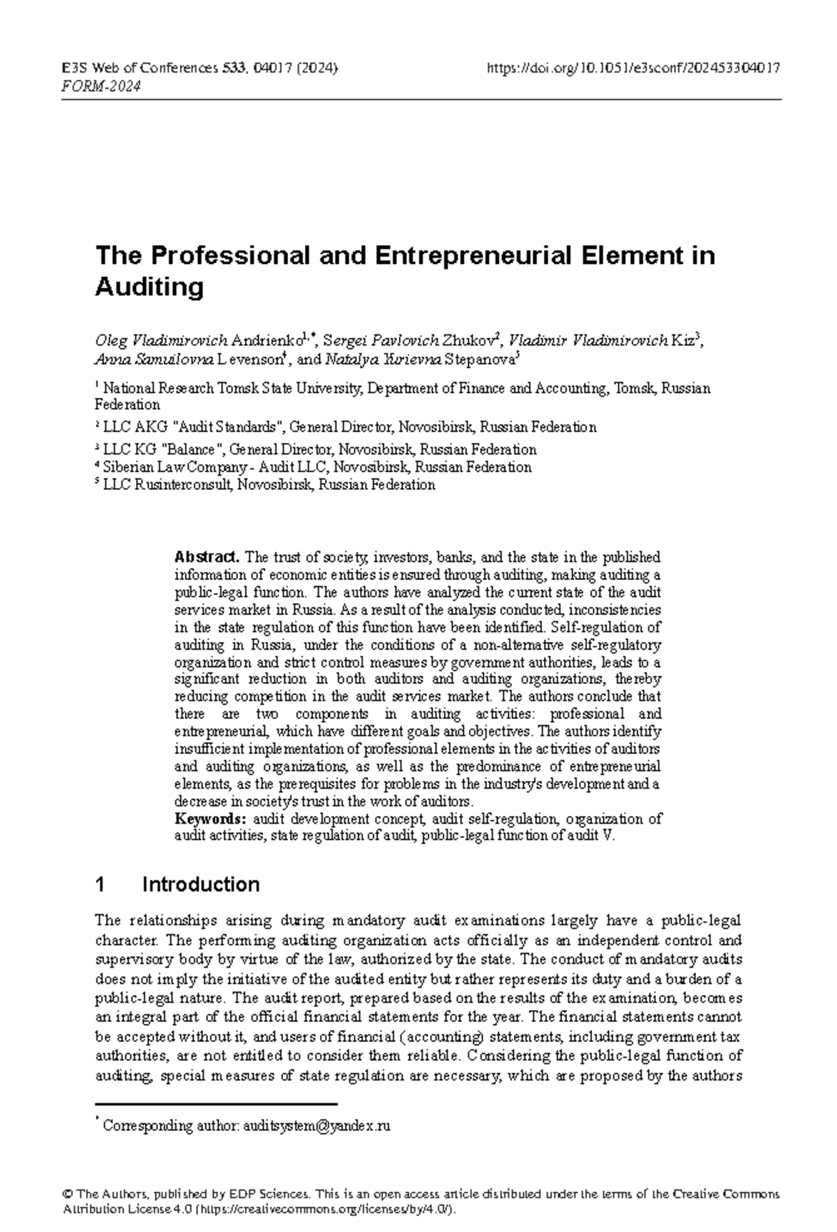 The Professional and Entrepreneurial Element in Au - The Professional and Entrepreneurial ...