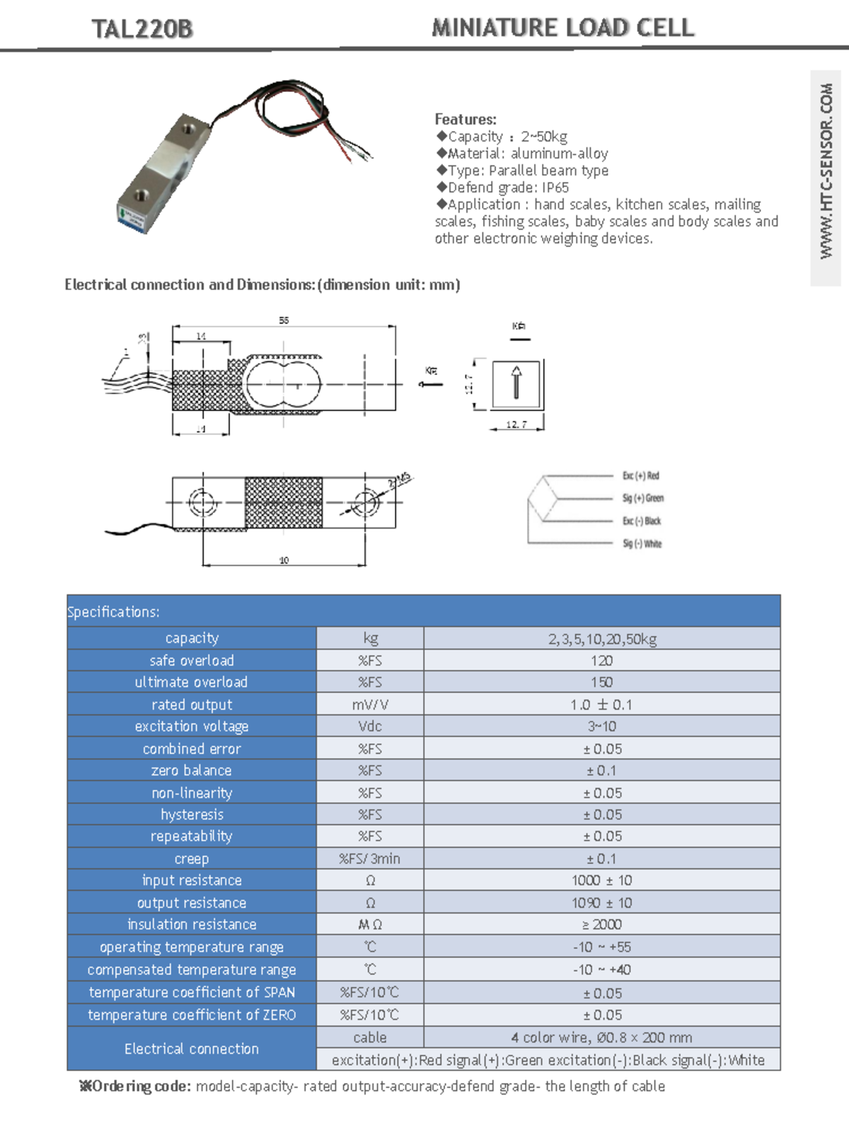 TAL220B - Data sheet load cell - MINIATURE LOAD CELL Features: Capacity ：2~50kg Material: - Studocu