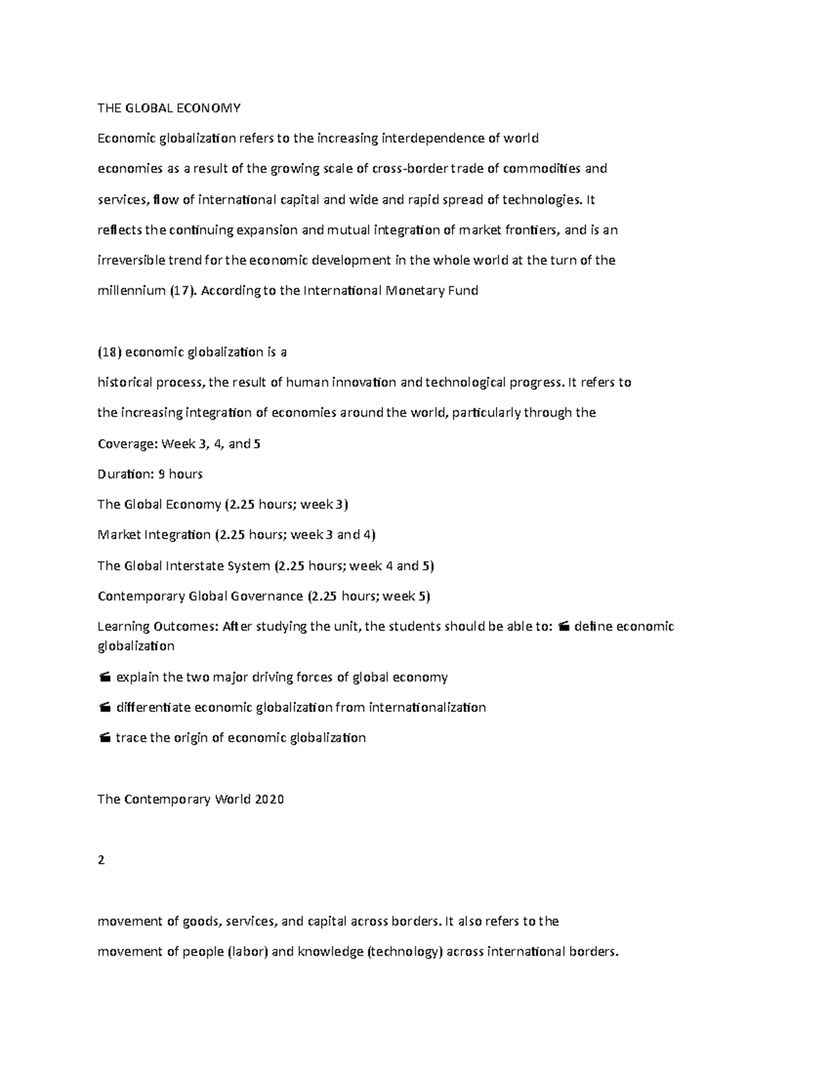 Contemp 1 - THE GLOBAL ECONOMY Economic globalization refers to the ...