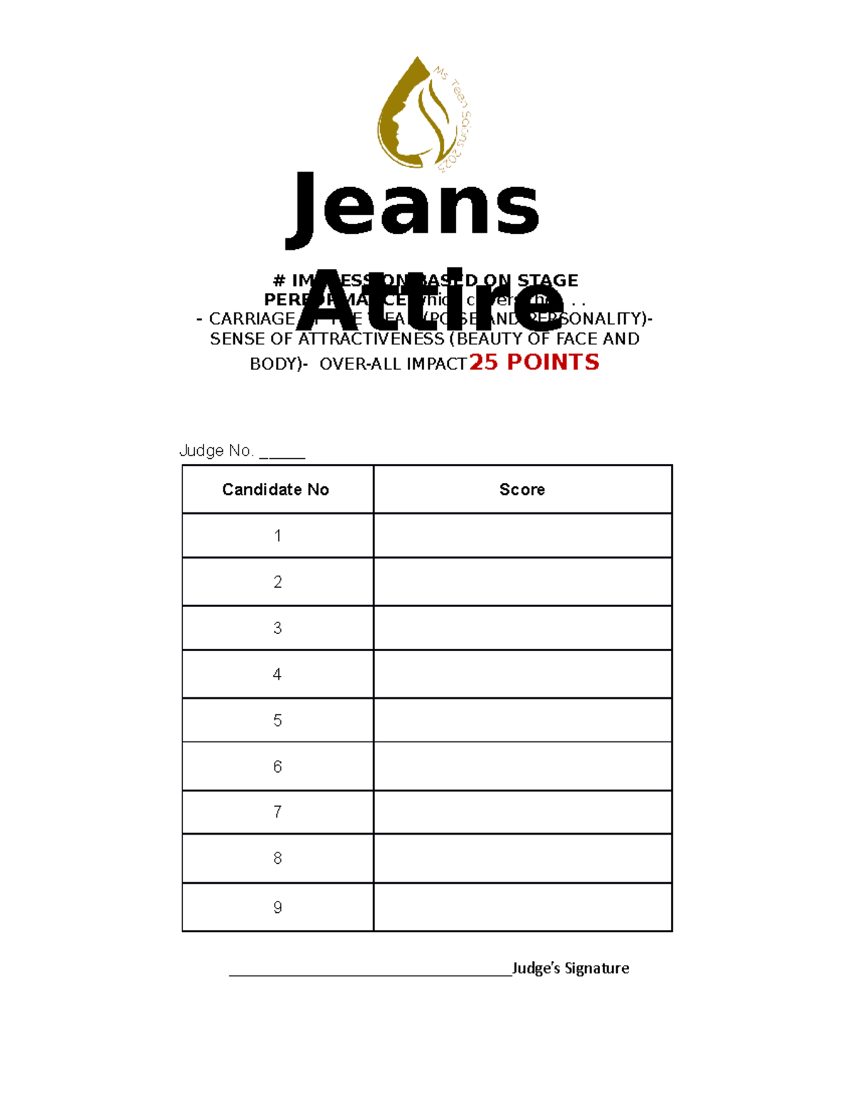Miss Teen Scions 2023 Scoresheet Tabulation - Judge No. _____ Jeans ...