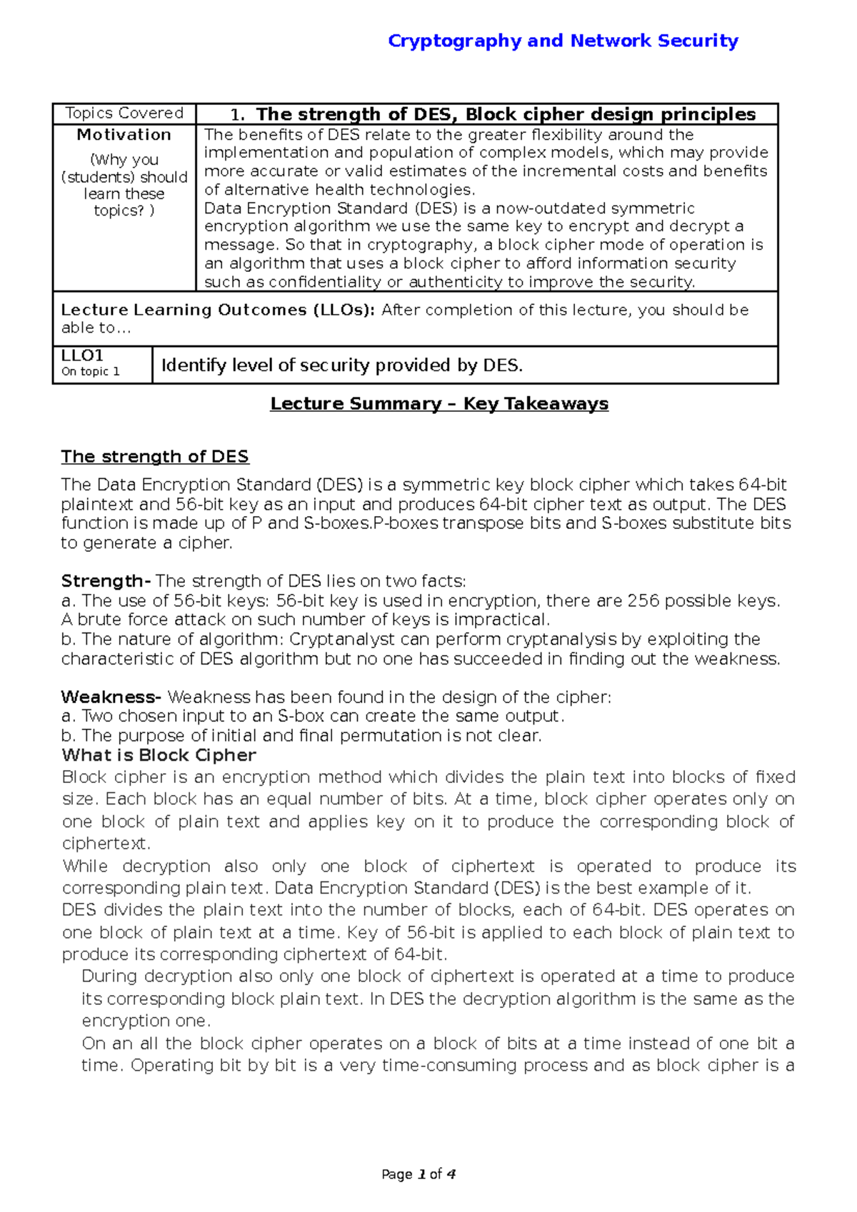 Block Cipher Design Principles Topics Covered 1 The Strength Of Des Block Cipher Design