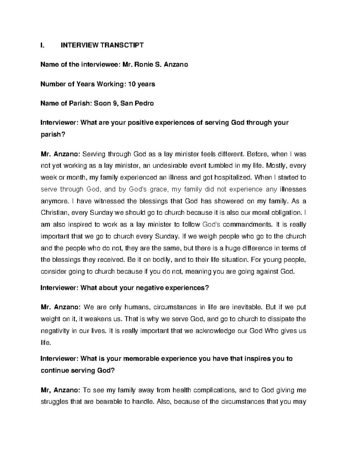 BSCE-2D ( Group 2) - I. INTERVIEW TRANSCTIPT Name of the interviewee ...