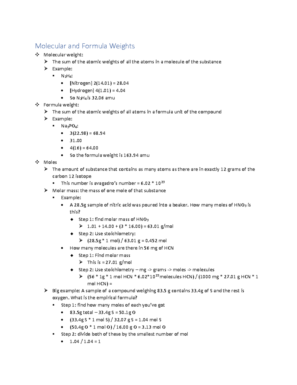 Chapter 3 Lecture and Textbook Notes - Molecular and Formula Weights ...