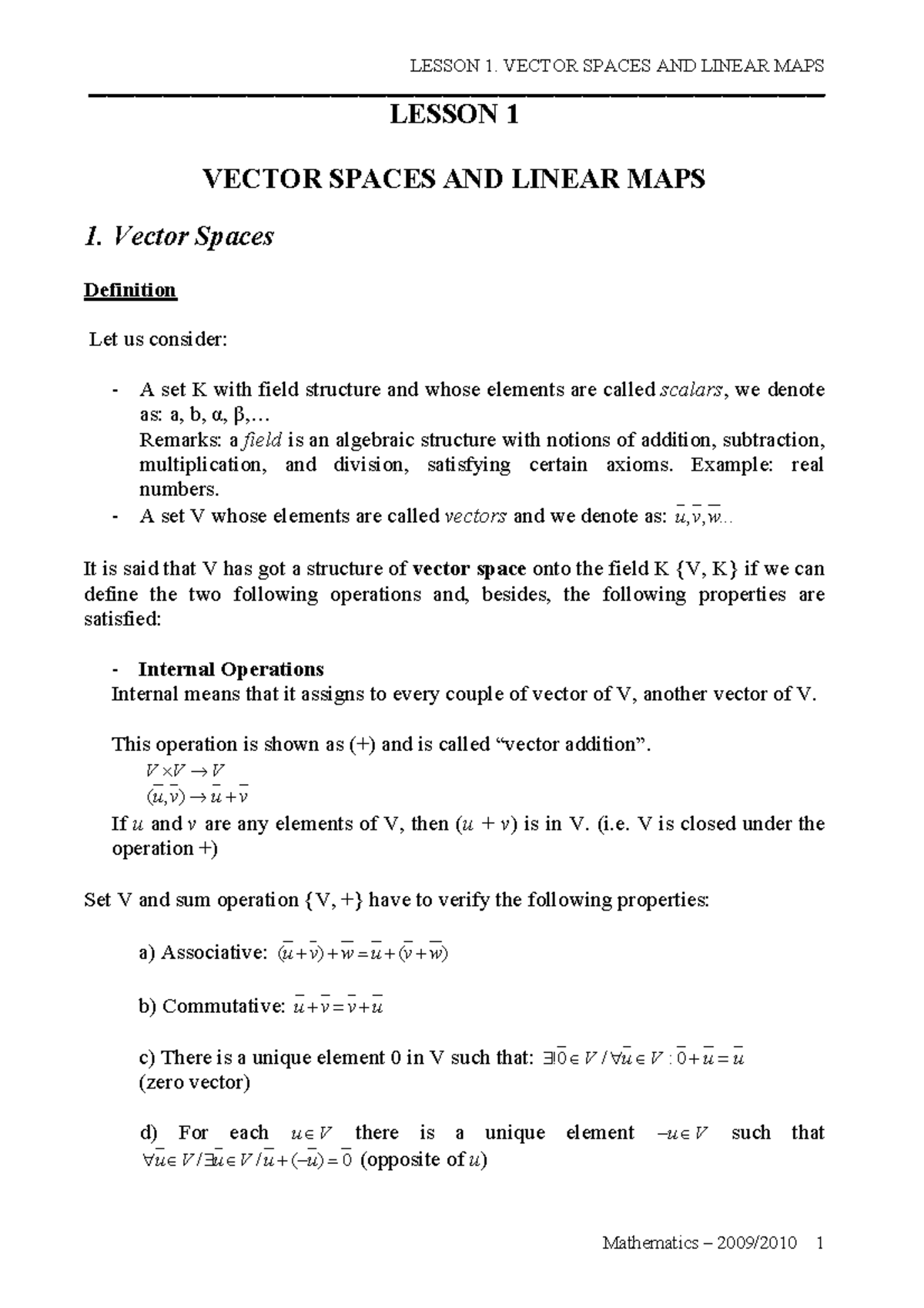 Lesson 1 - Vector Spaces and Linear Maps - ####### - Studocu