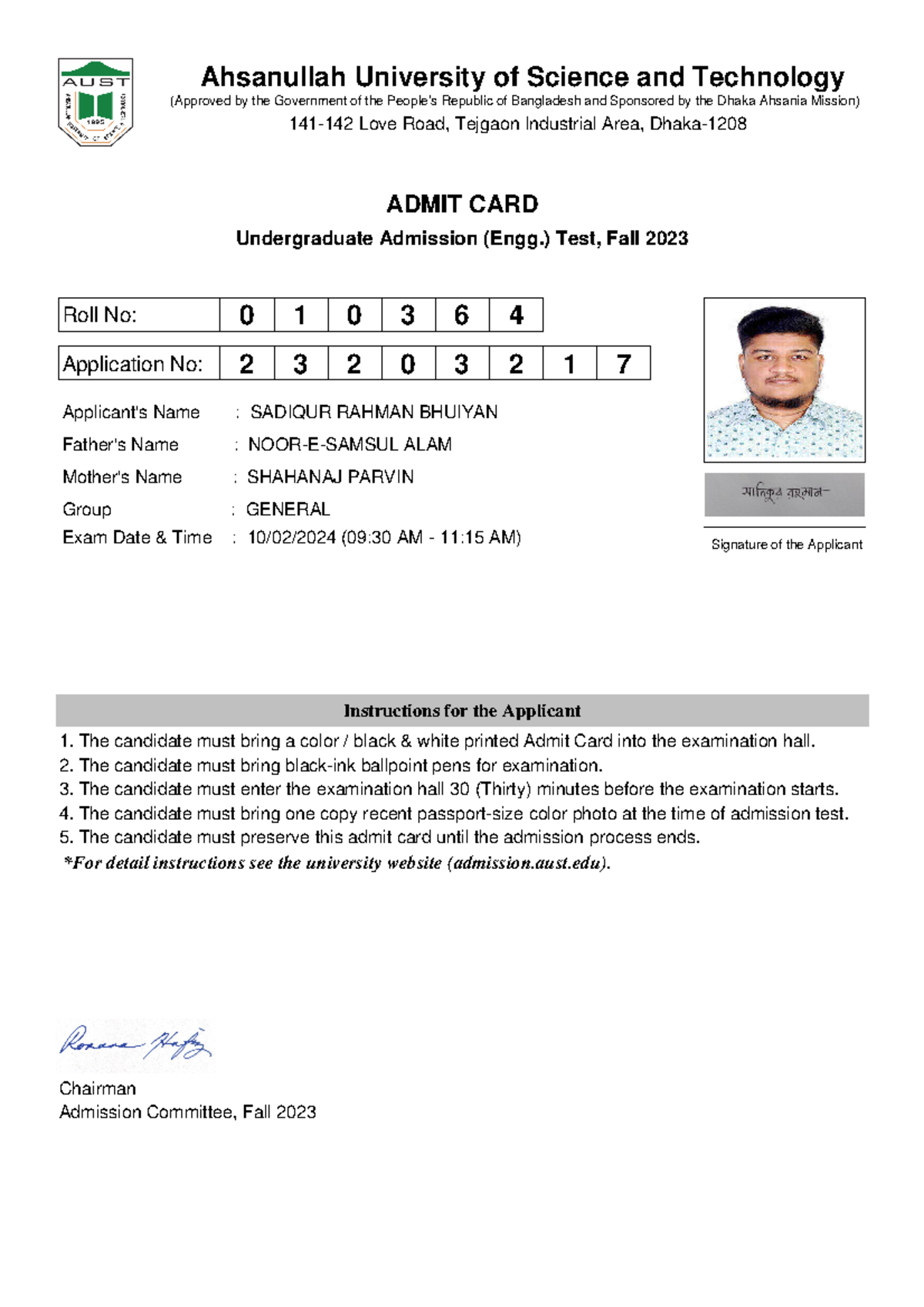 1 - very good - ADMIT CARD Undergraduate Admission (Engg.) Test, Fall ...