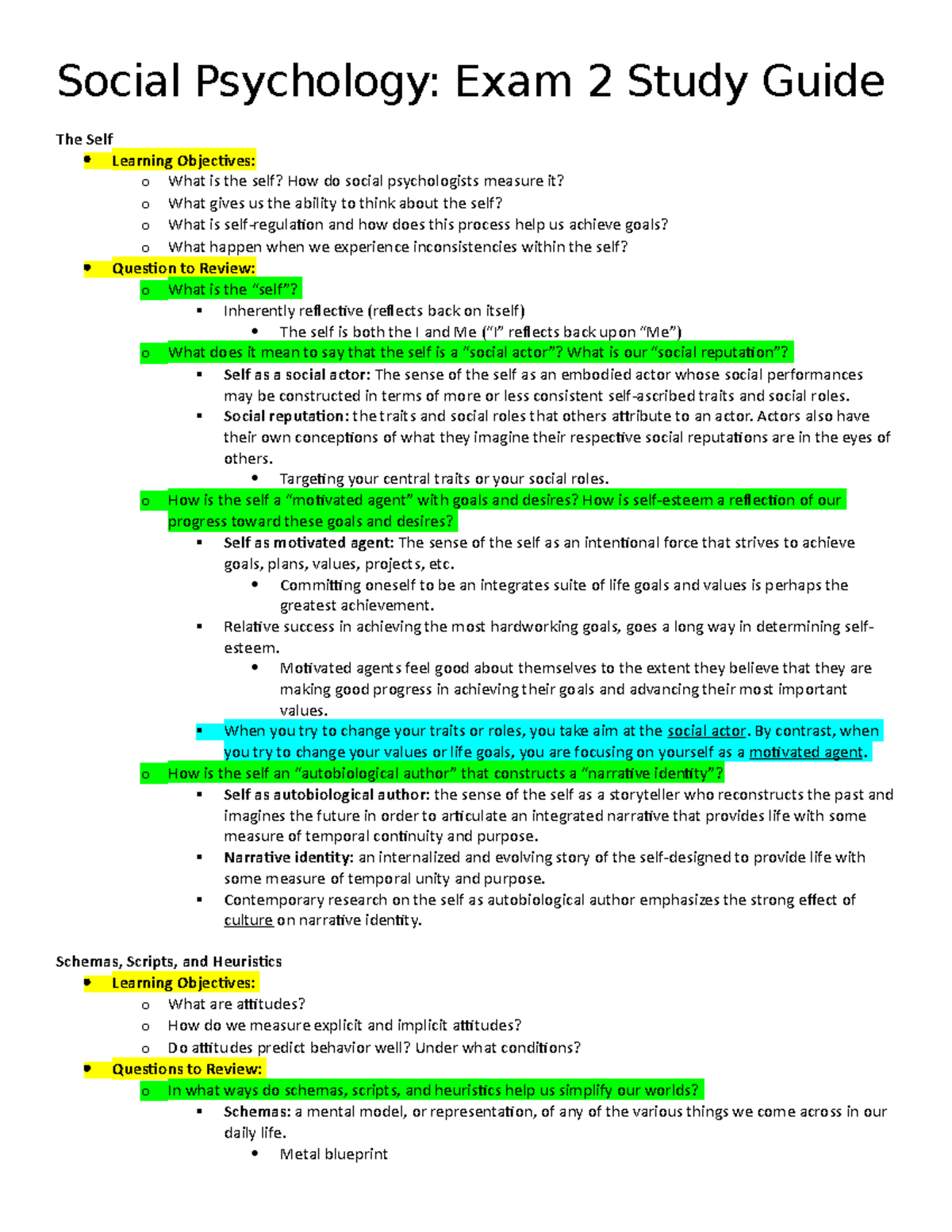 Exam 2 Study Guide - Social Psychology: Exam 2 Study Guide The Self ...