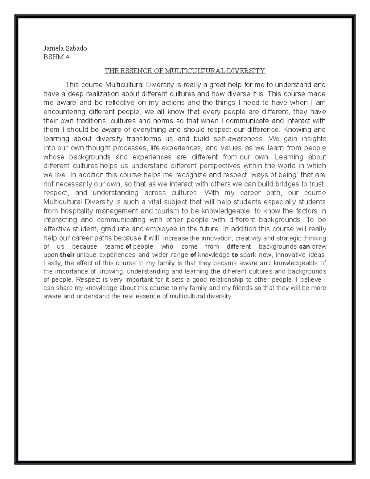 10 - Sabado- Multicultural Diversity Reflection - Jamela Sabado BSHM 4 ...