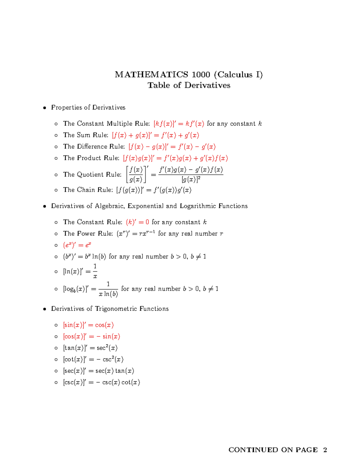 Derivatives List - Lecture notes 1-4 - MATHEMATICS 1000 (Calculus I ...