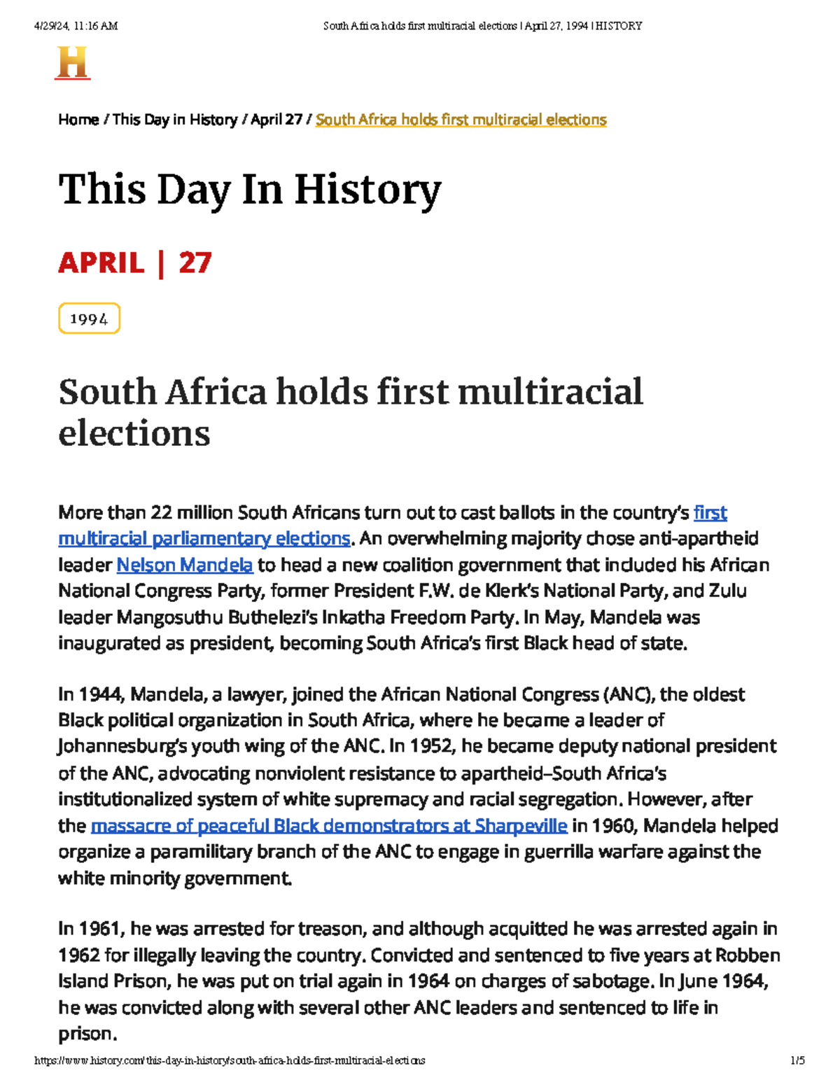 South Africa holds first multiracial elections April 27, 1994 History ...