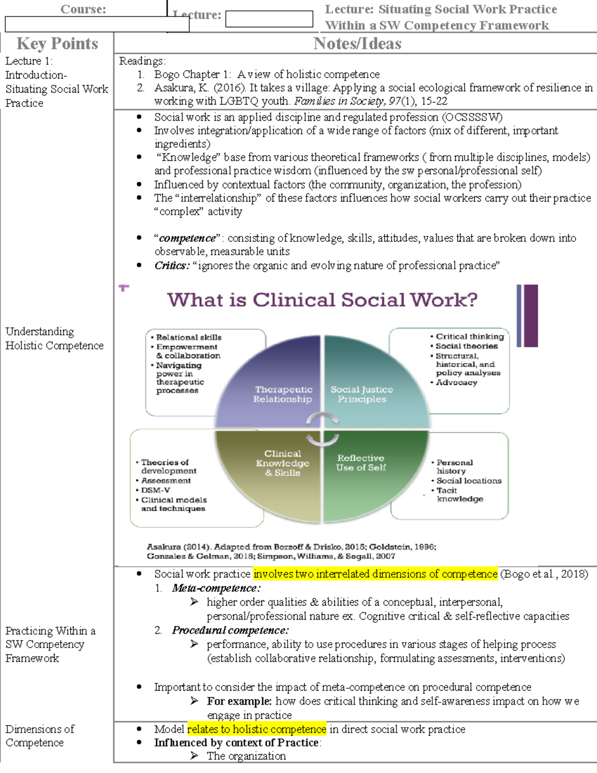 Lecture 1 & 2 Notes - Course: Lecture: Lecture: Situating Social Work ...