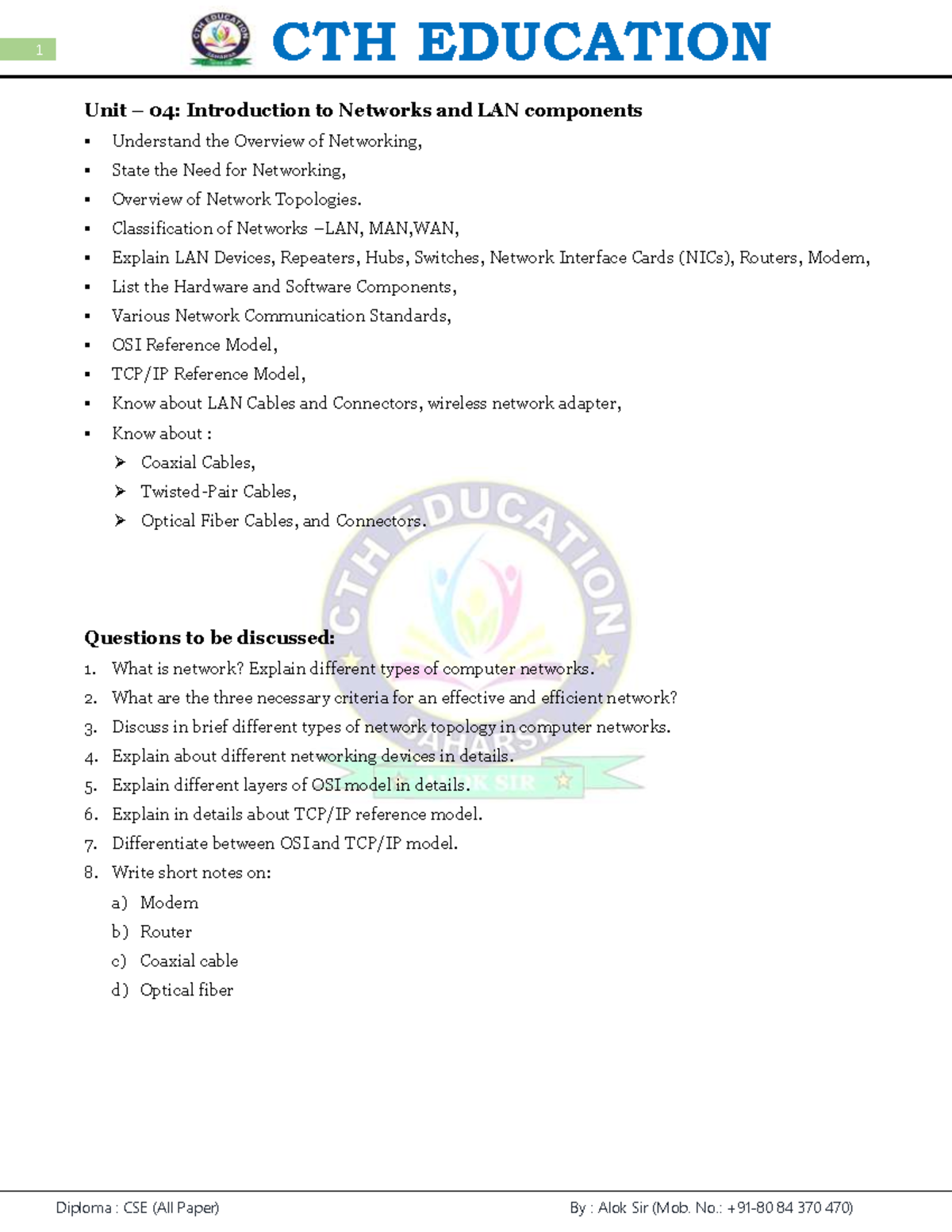 UNIT-04 CHN PDF Notes-1 - Unit – 04: Introduction to Networks and LAN ...