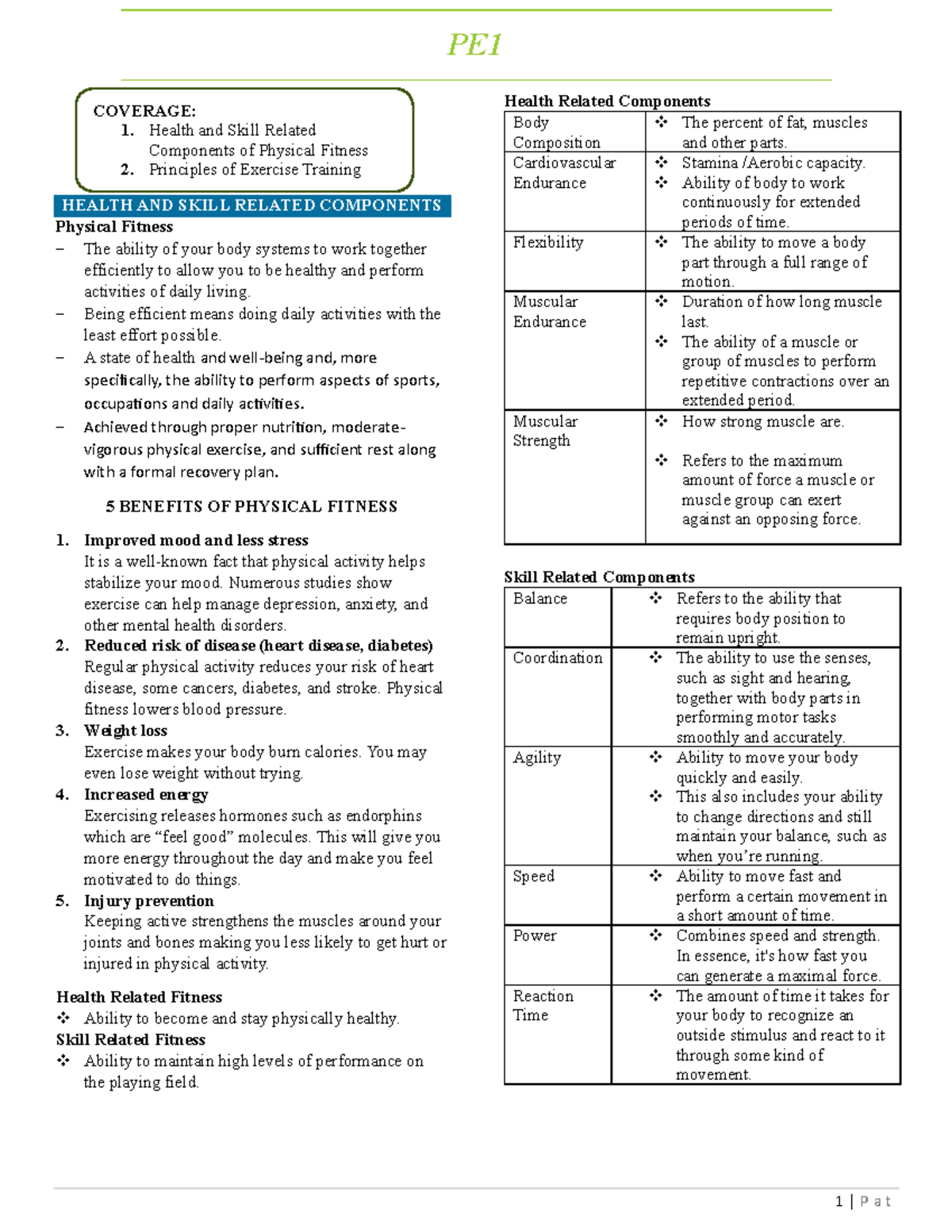 PE1-Midterm - Physical fitness midterm - PE 1 | P a t HEALTH AND SKILL RELATED COMPONENTS ...