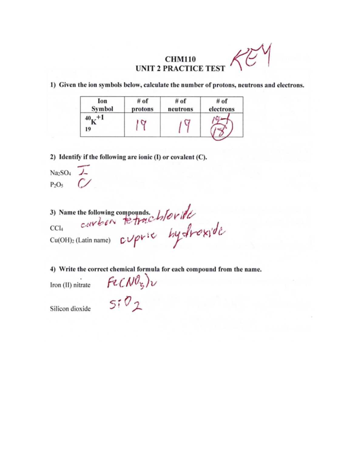 CHM 110 Section 450 Unit 2 Practice Test Answers - CHM 110 - Studocu