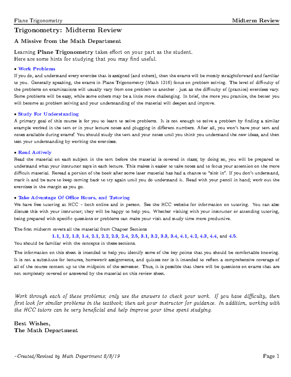 1316 Midterm Review 6192 - Trigonometry: Midterm Review A Missive from the Math Department ...