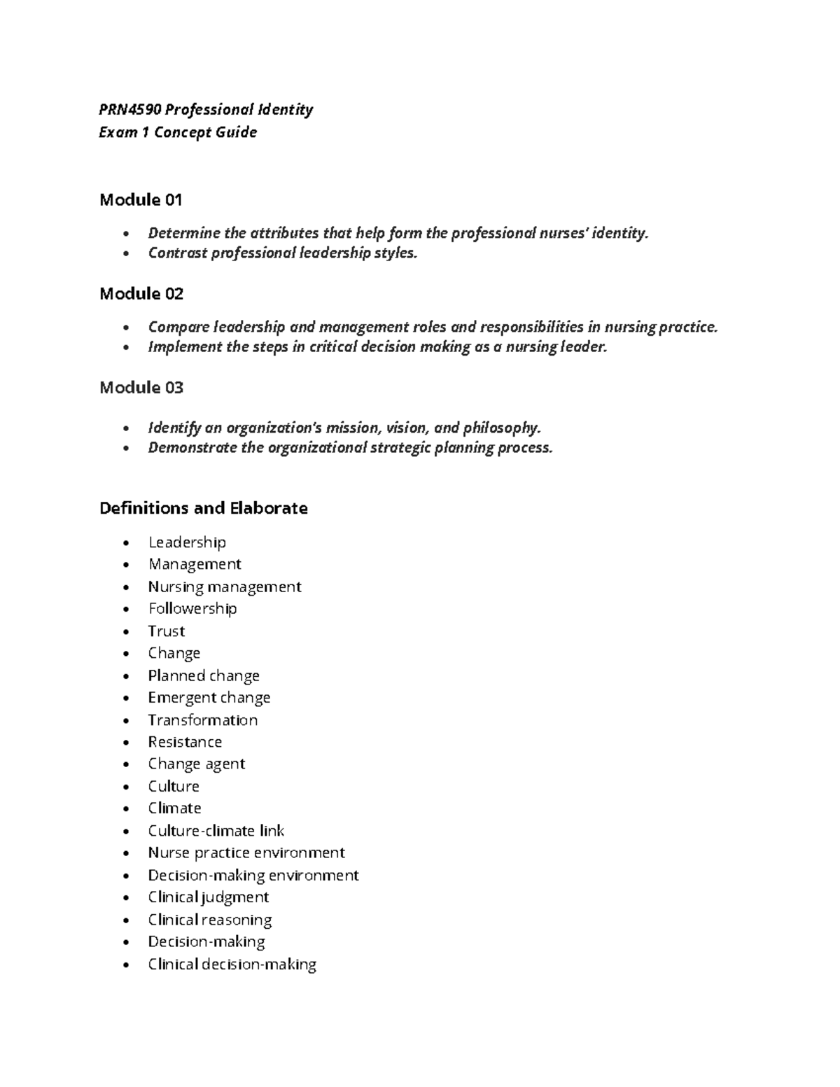 Exam 1 Concept Guide-Student - PRN4590 Professional Identity Exam 1 ...