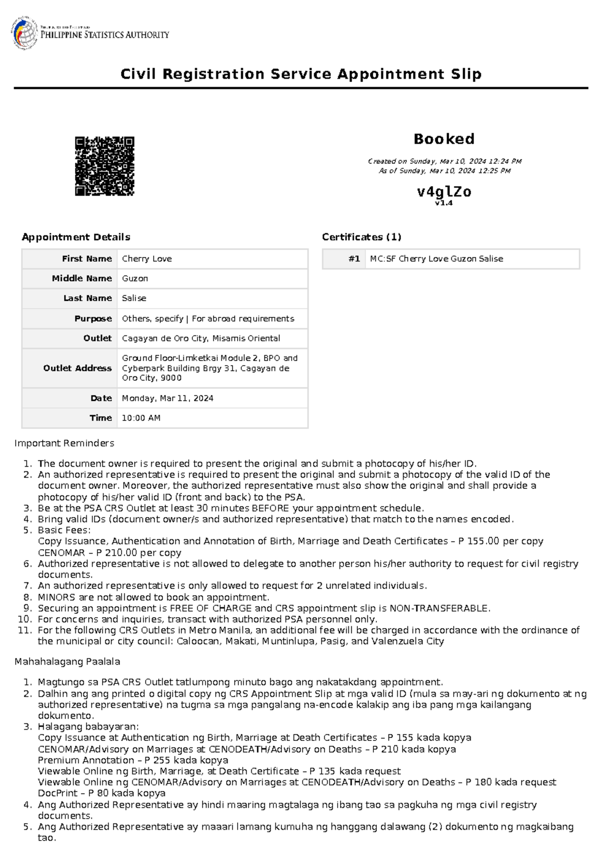 Document - NOTES - Civil Registration Service Appointment Slip Booked ...