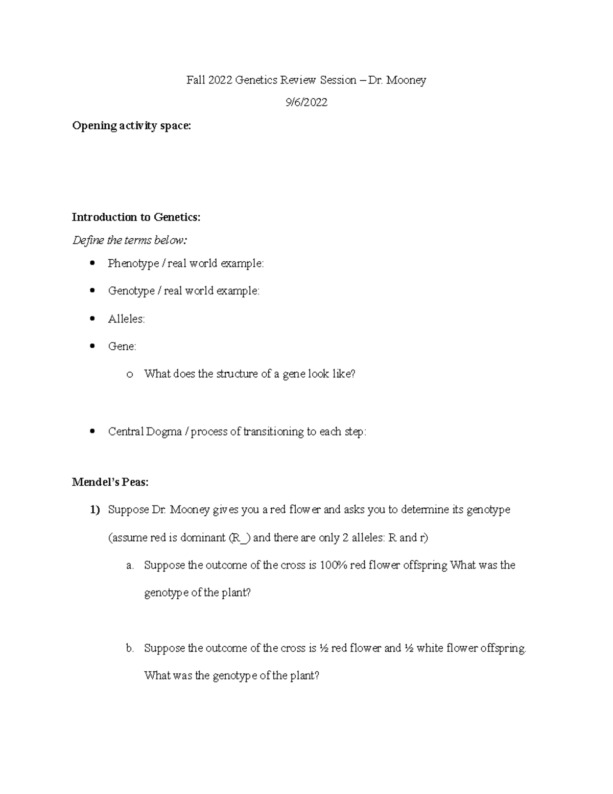 Session 1 - Genetics Review Session Worksheet 9-6-22 - Fall 2022 ...