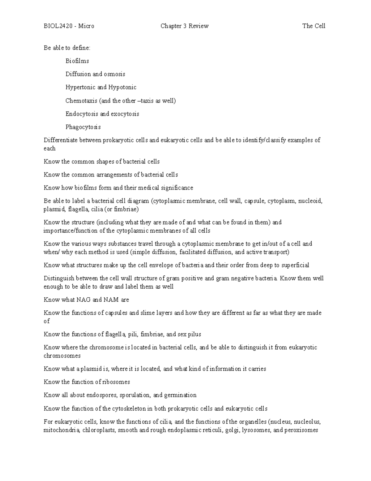 Chapter 3 review - the Cell - BIOL2420 - Micro Chapter 3 Review The ...