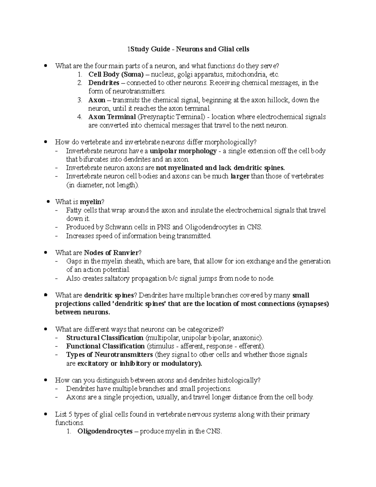Exam 1 Study Guide - notes - 1 Study Guide - Neurons and Glial cells ...