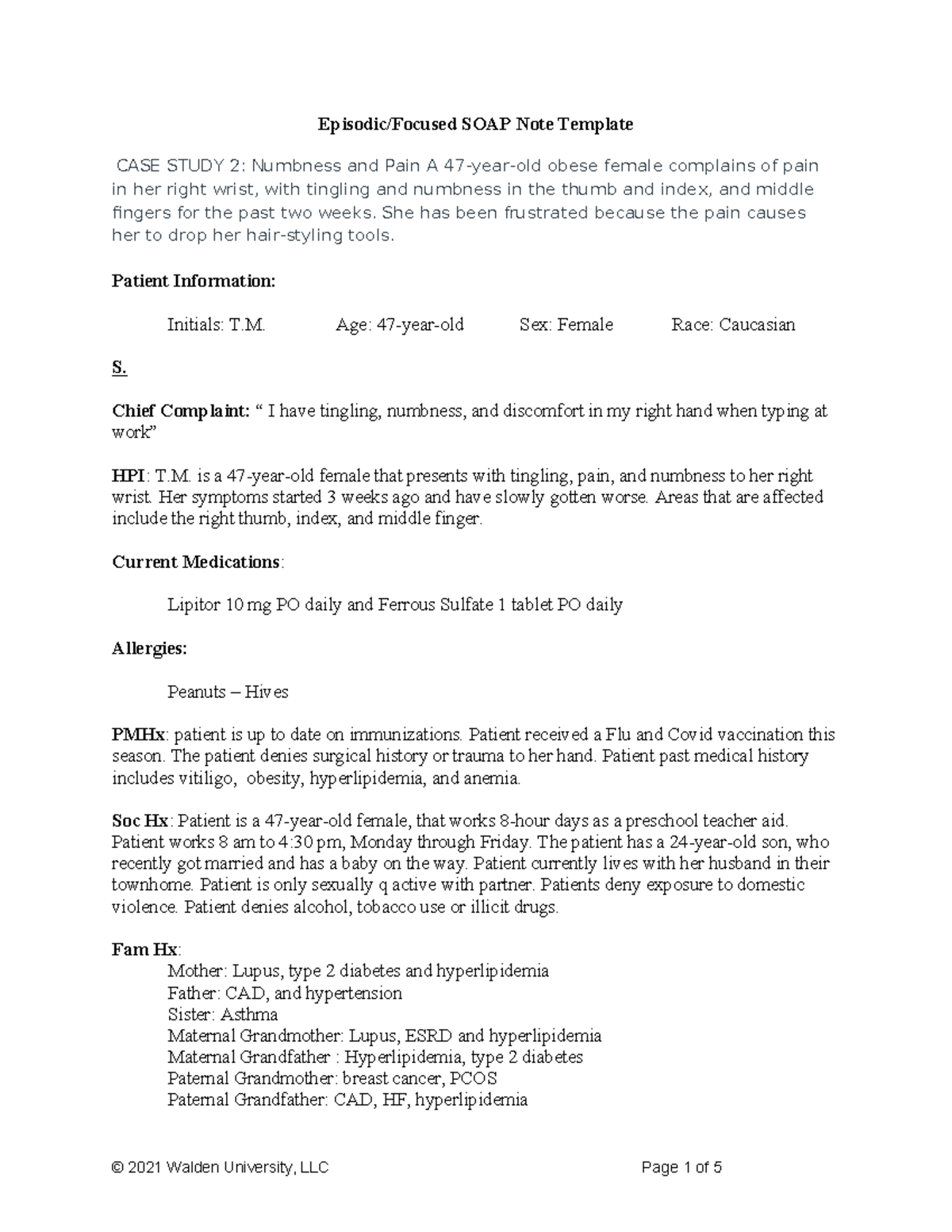 WK9Assgn 1 Miller L - Assignment - Episodic/Focused SOAP Note Template ...