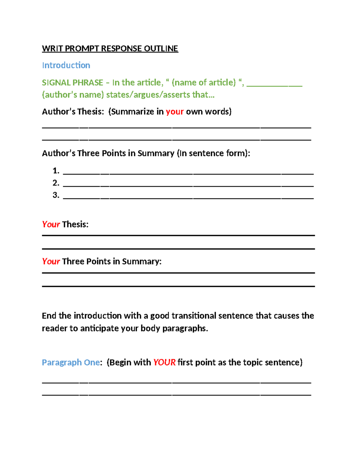 Five paragraph prompt outline - WRIT PROMPT RESPONSE OUTLINE Introduction SIGNAL PHRASE – In the ...