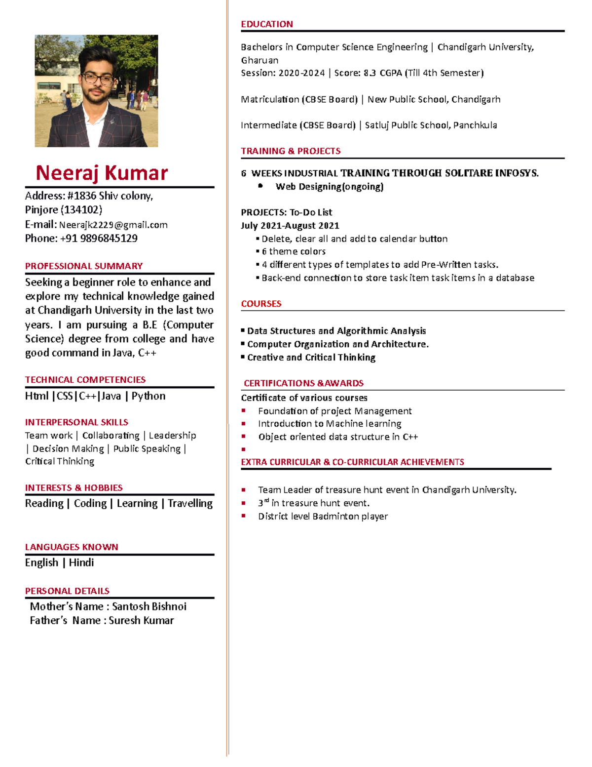 Dishant Thakur (Resume) - Neeraj Kumar Address: #1836 Shiv colony ...