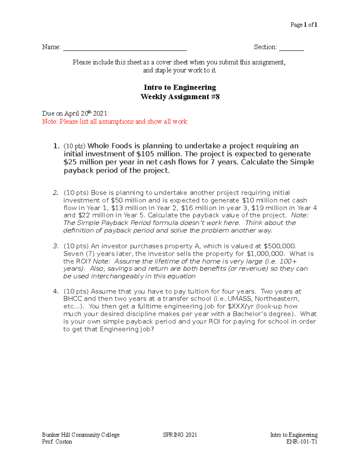 Intro to Engineering Homework 8 Spring 2021 - Page 1 of 1 Name