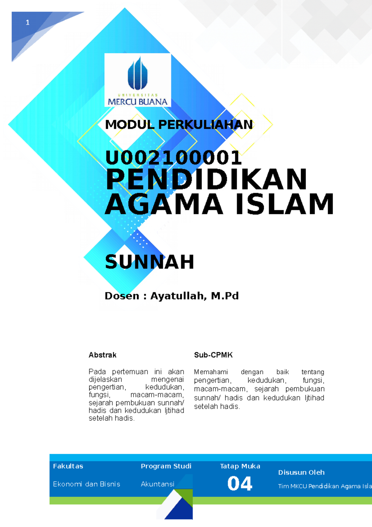 4. Modul - Sunnah - Lecture notes for PAI - 1 MODUL PERKULIAHAN U ...