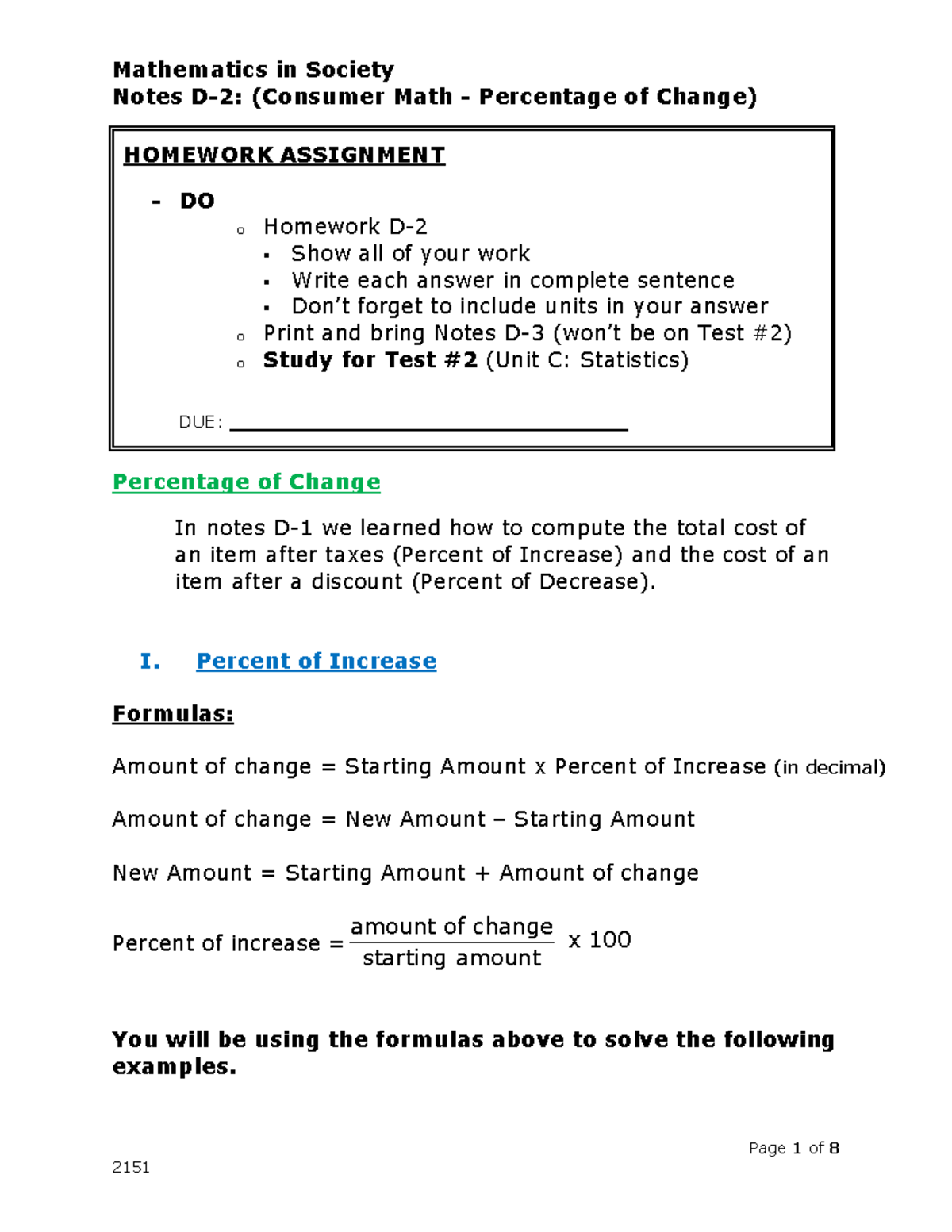 D-2 Percent of Increase and Decrease - Notes D-2: (Consumer Math ...