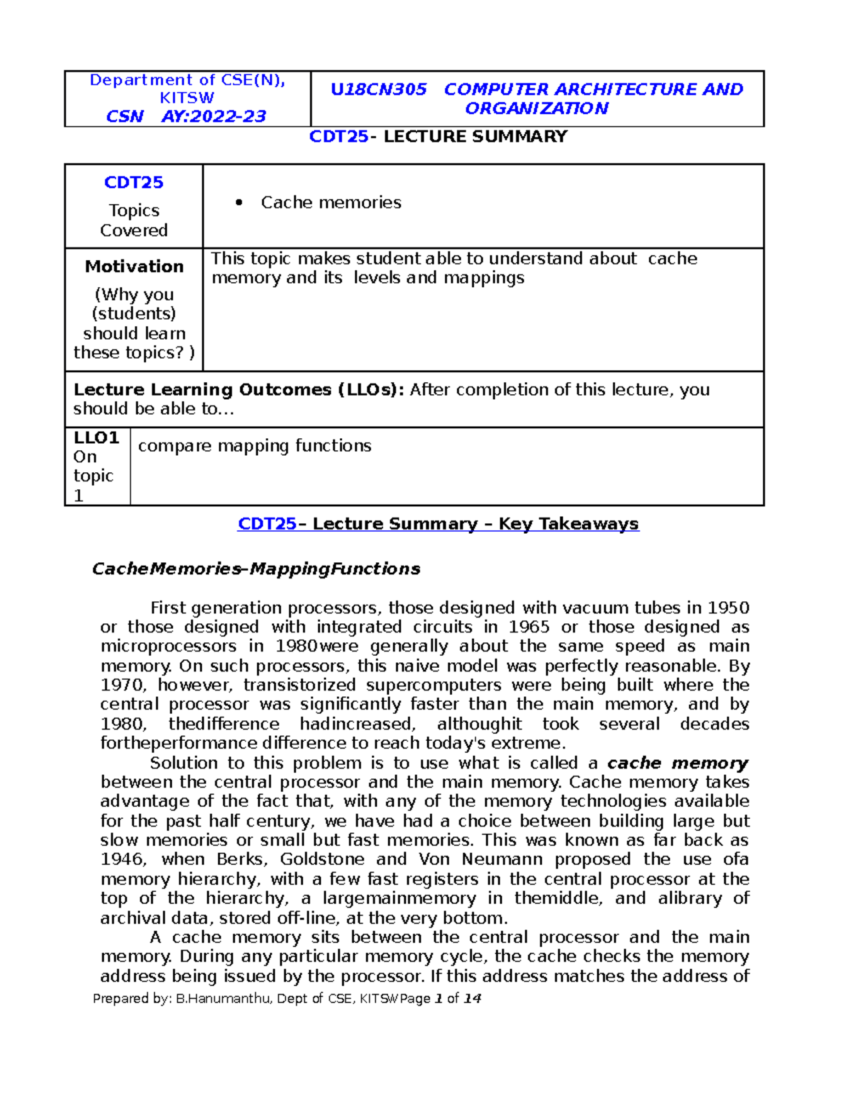 CAO_CDT25_SUMMARY - KITSW CSN AY:2022- U18CN305 COMPUTER ARCHITECTURE AND ORGANIZATION CDT25 ...