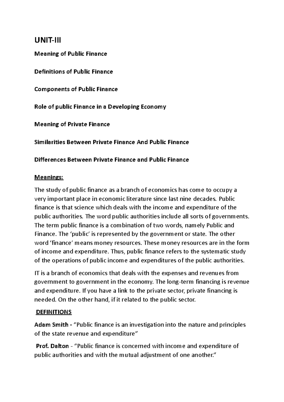UN I T 3 & 4 notes eco-ii - UNIT-III Meaning of Public Finance ...