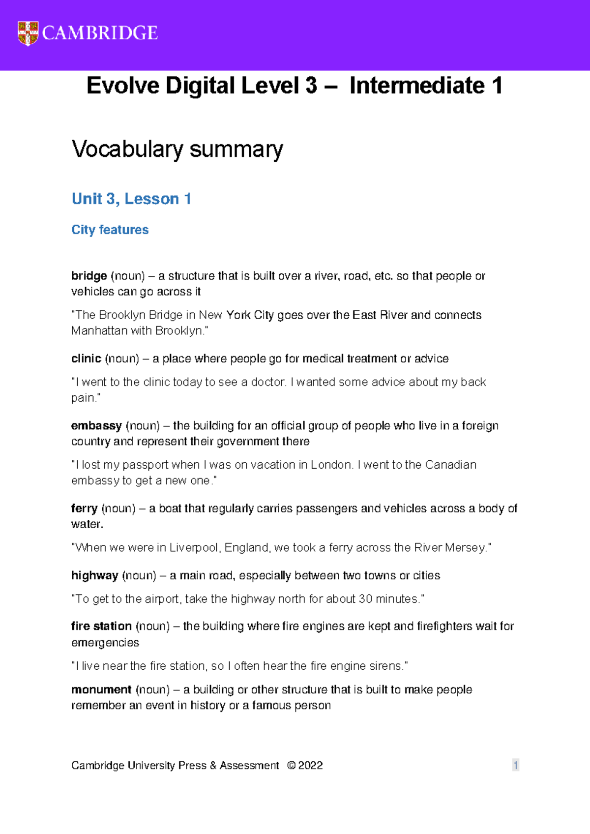 Unit 3 - I1 - Vocabulary - upn - Cambridge University Press ...