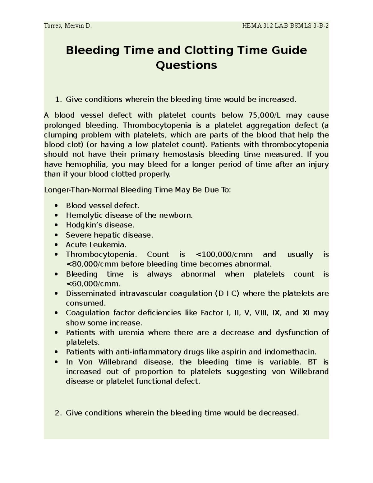 Bleeding Time And Clotting Time Guide Questions Bleeding Time And