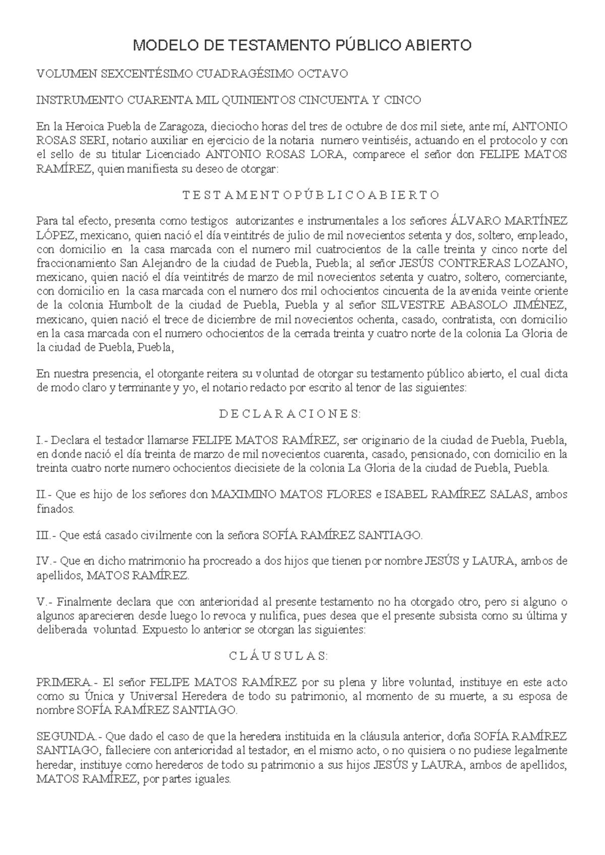 Modelo DE Testamento Público Abierto - MODELO DE TESTAMENTO PÚBLICO ...