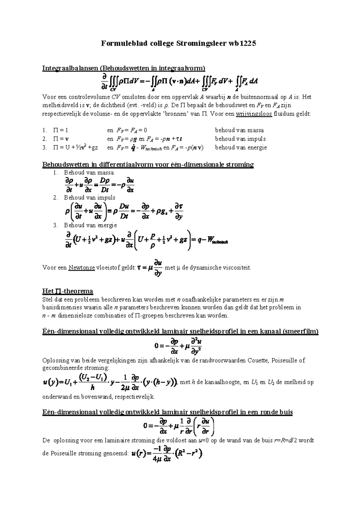 Formule blad voor stromingsleer - Formuleblad college Stromingsleer wb Integraalbalansen ...