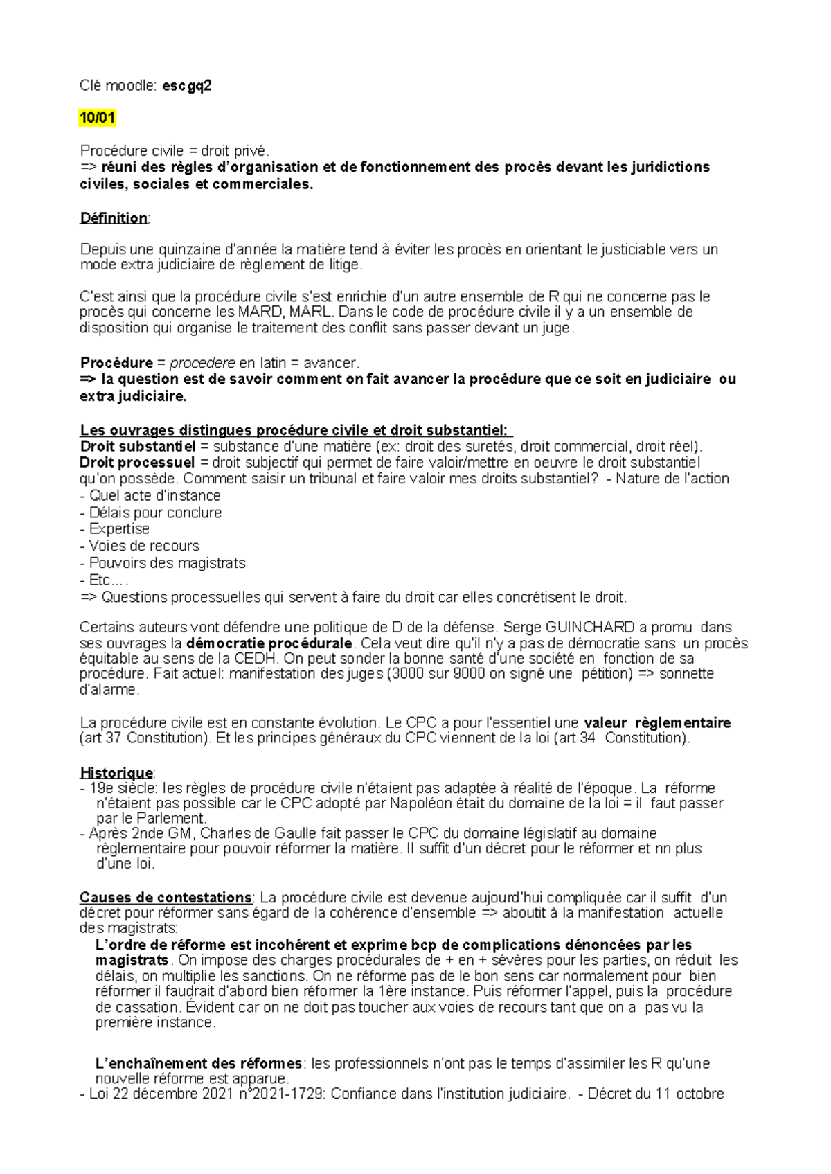 Procédure civile s6 - Clé moodle: escgq 10/ Procédure civile = droit privé. => réuni des règles ...